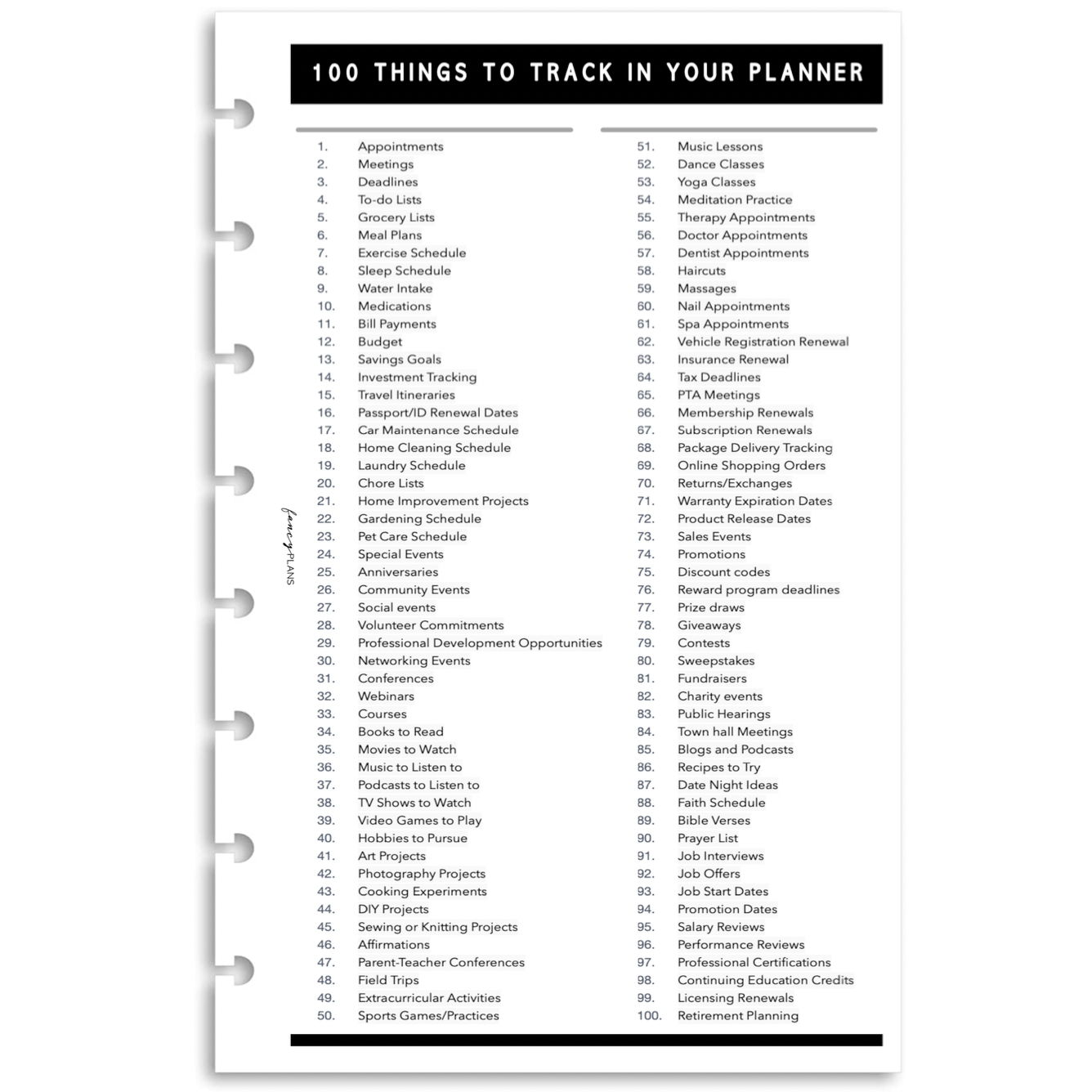 100 Things To Track In Your Planner | Vellum Dashboard – Fancy Plans Co