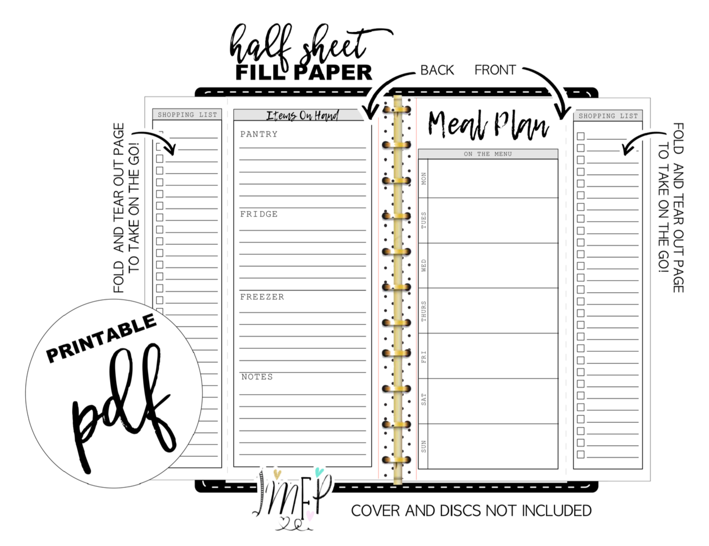 Fold Out Weekly Meal Plan and Grocery List Half Sheet Fill Paper Inser ...